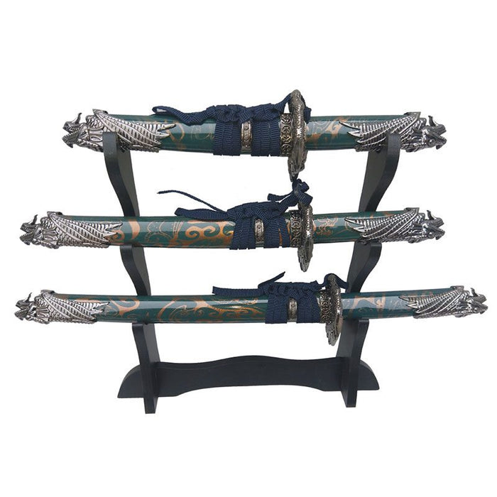 Defender - Blue Dragon Handle Mini Katana 3-Pc Set w/ Wood Stand ...